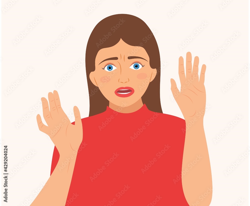 Portrait of scared, panicked woman with horror face and two hand ...