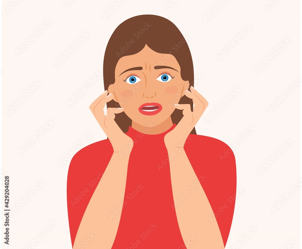 Portrait of scared, panicked woman with horror face and two hand ...