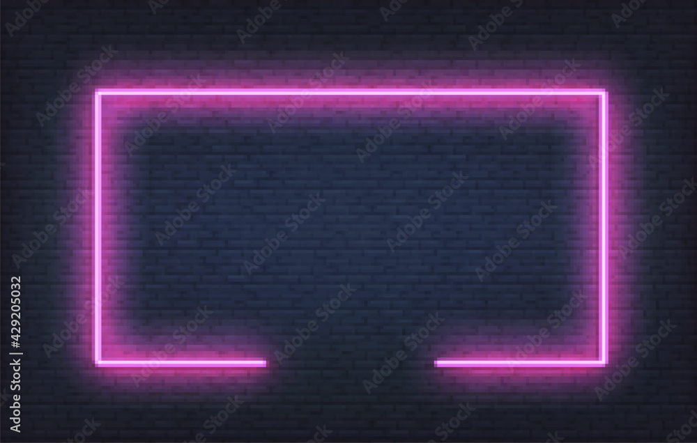 Neon frame sign. Realistic purple signboard glowing design template ...