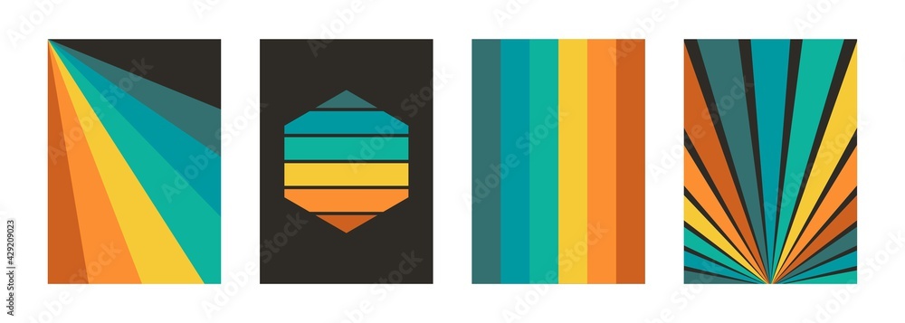 60s, 70s, 80s retro banners set. Colorful retrowave striped vintage sun ...