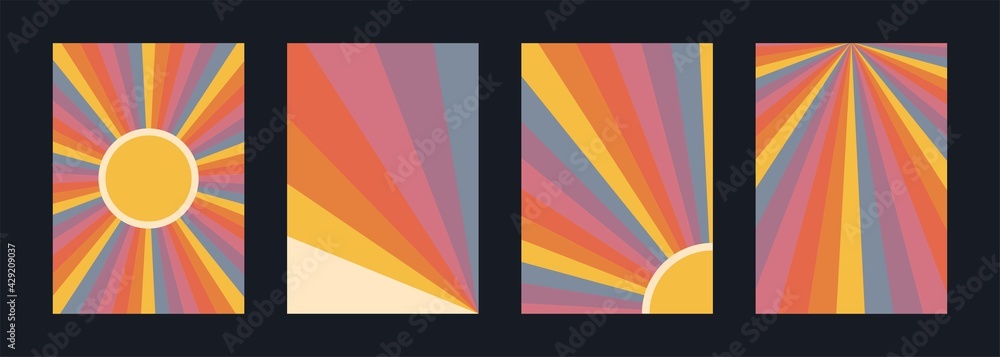 60s, 70s, 80s retro banners set. Colorful retrowave striped vintage sun ...