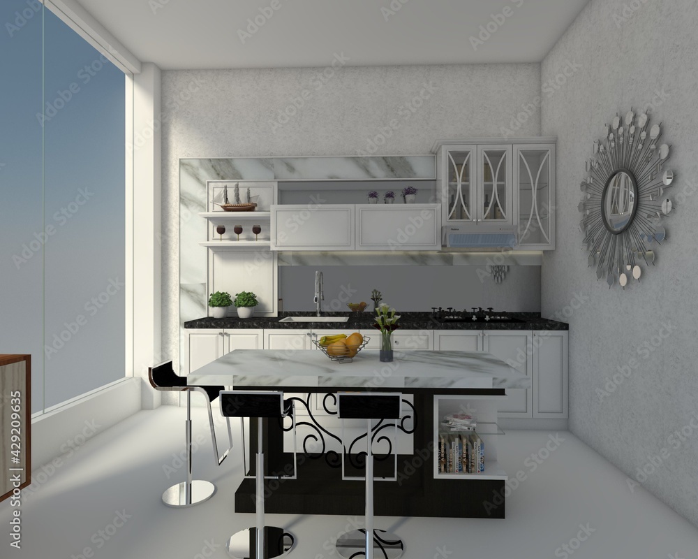 Kitchen cabinet design in classic style. Interior Kitchen with white ...