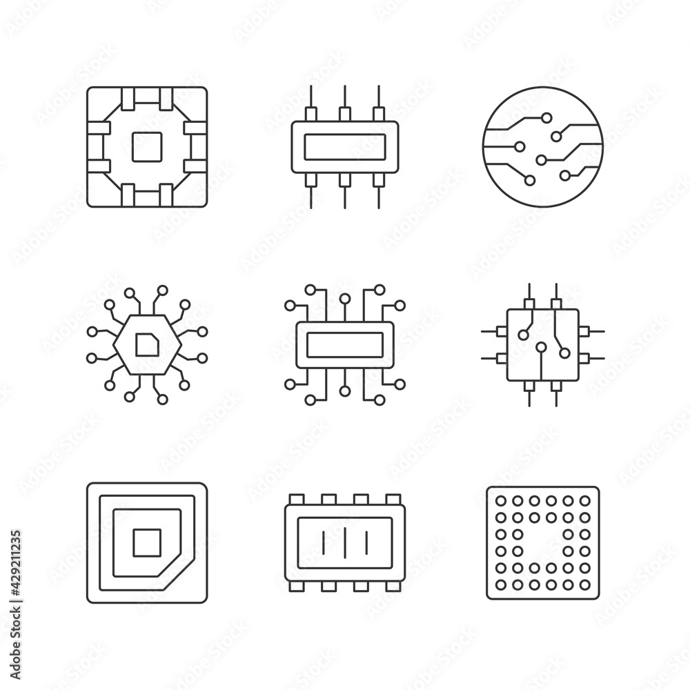 Microcircuits linear icons set. Computer device circuit boards design ...
