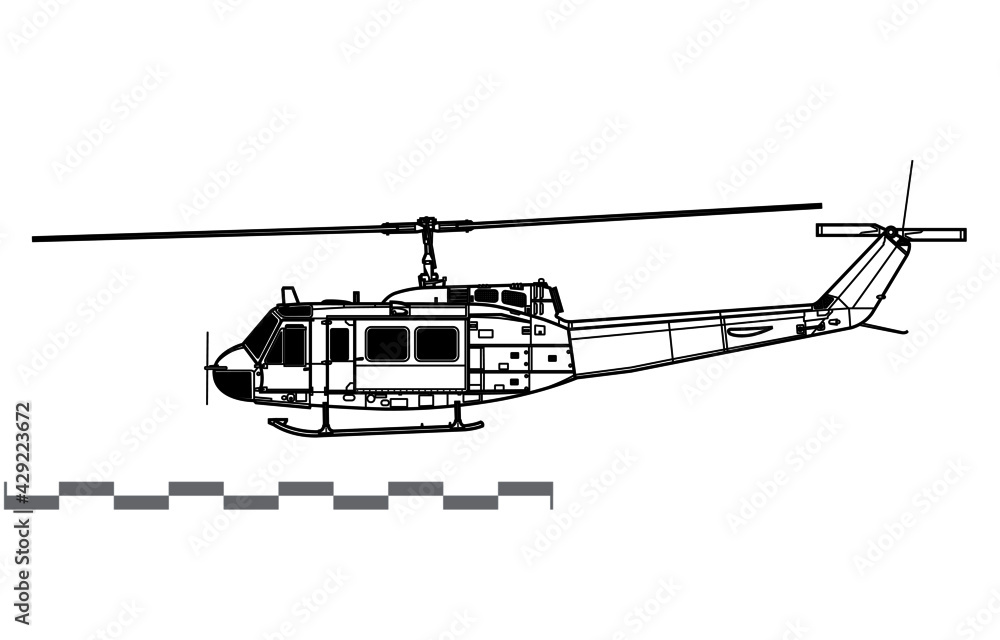 Bell UH-1D Iroquois, Huey. Vector drawing of utility helicopter. Side ...