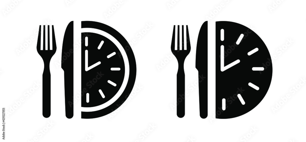 Dinner time, clock. Plate, fork, knife icon. Food symbol for bar, cafe ...