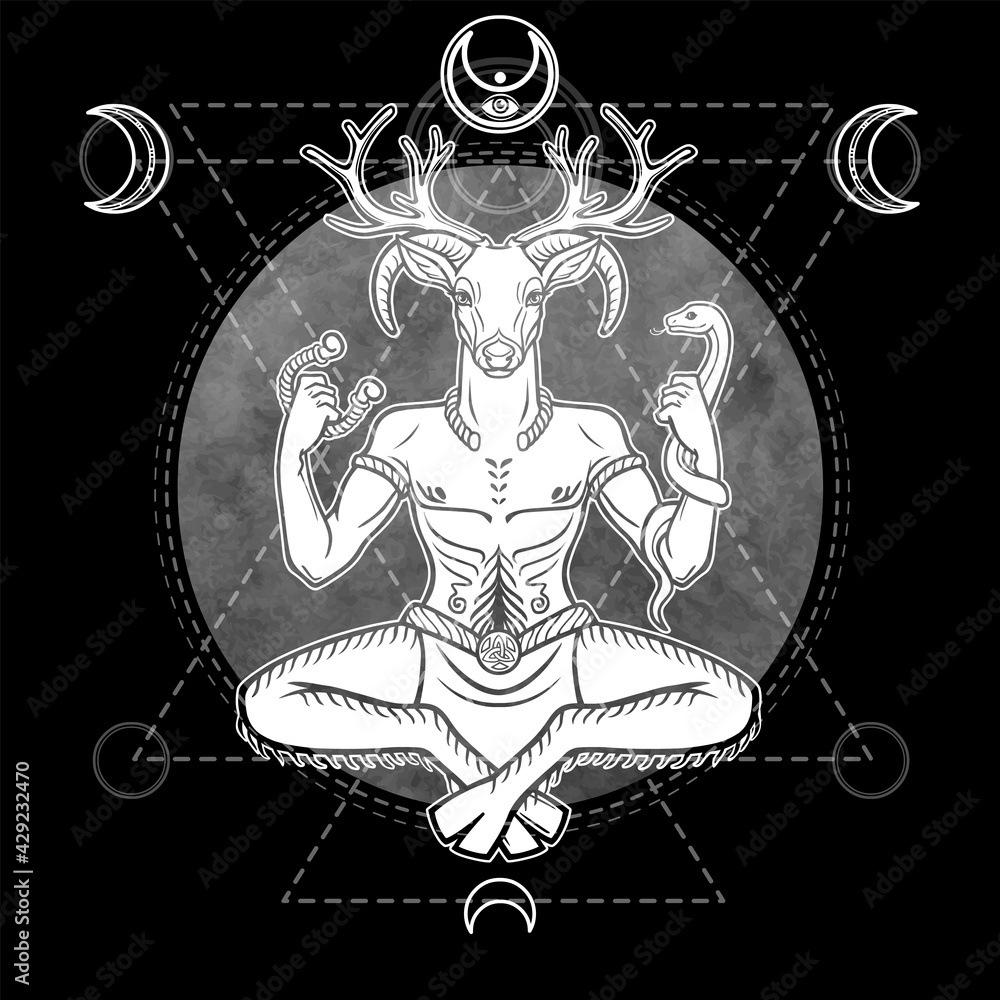 Portrait of ancient pagan horned god, male deer, spirit of the wood ...