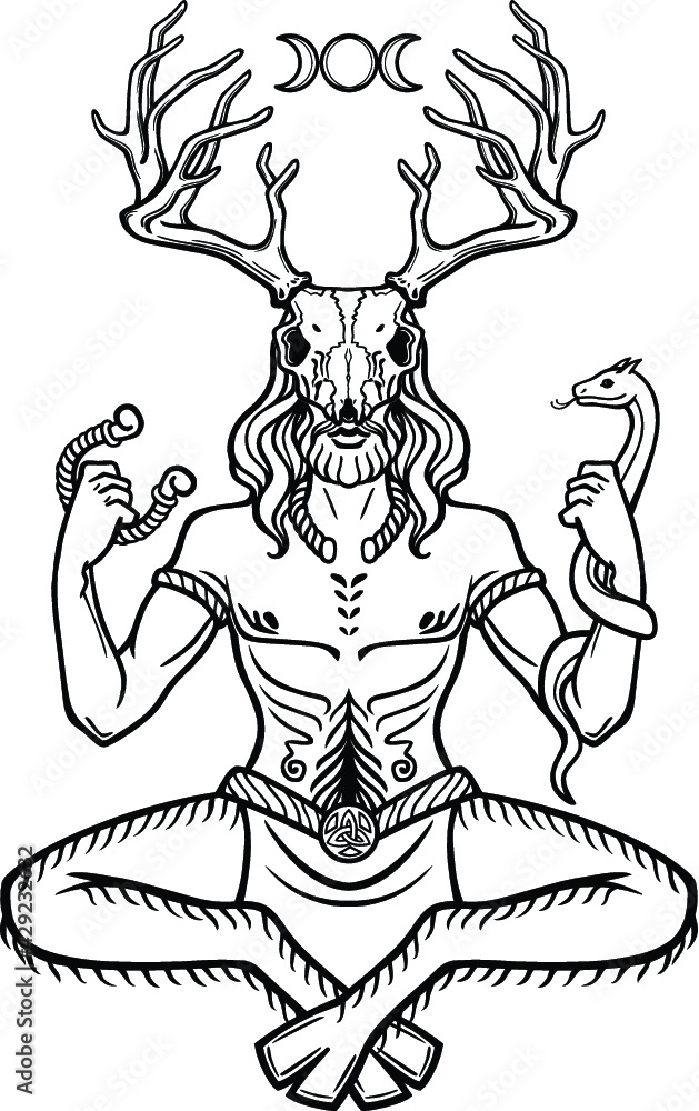 Horned god Cernunnos . Mysticism, esoteric, paganism, occultism. Vector illustration isolated on ...