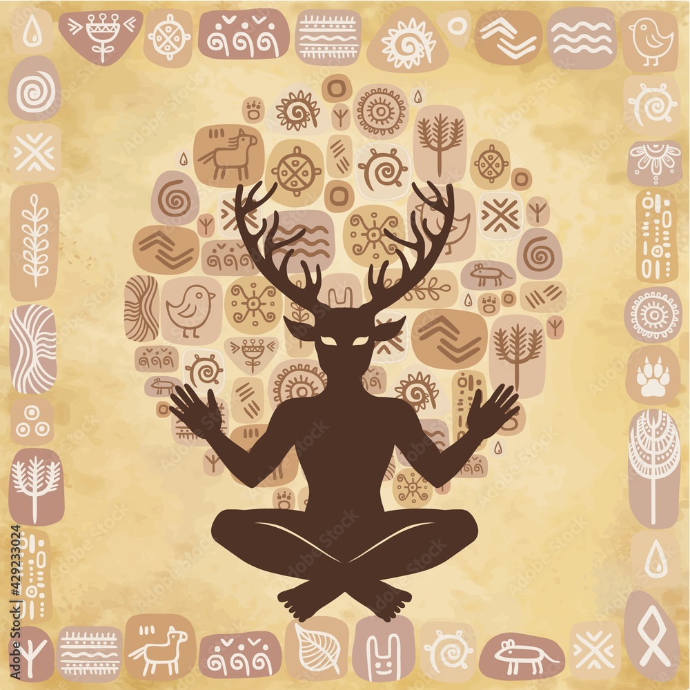 Silhouette of the sitting horned god Cernunnos. Mysticism, esoteric, paganism, occultism. Vector ...