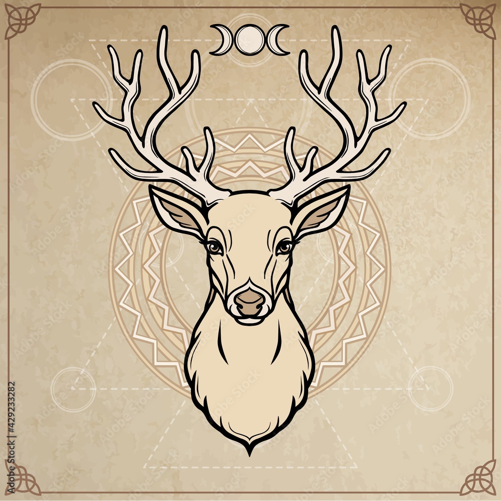 Animation portrait of a horned deer - spirit of the wood. Pagan deity ...