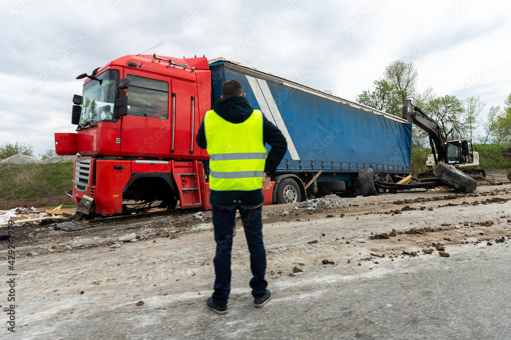 Highway road freight lorry accident. Crashed broken cargo semi trailer ...