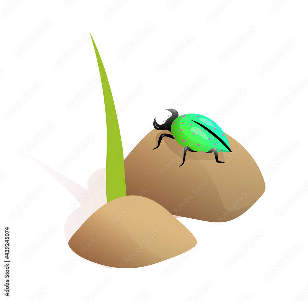 Cute green bug or beetle sitting on the stone with grass in nature. 3d ...