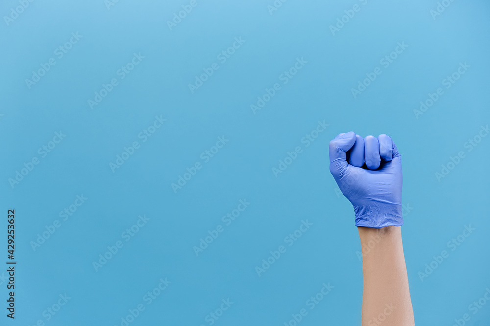 Close up of male hand in medical protection latex gloves knock knock ...