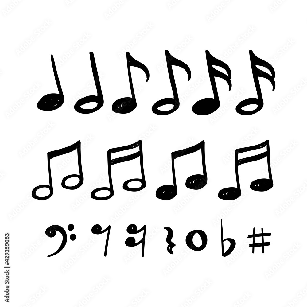 Music notes hand drawn vector design isolated on white background. Set ...