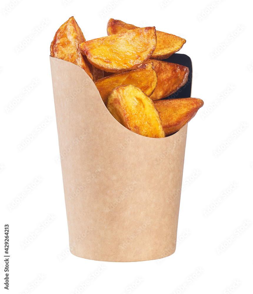 fried potato wedges in a kraft paper box isolated on white background ...