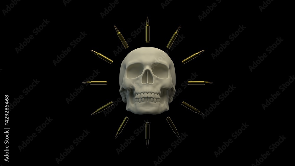 Bullets around human skull. War concept art. Black background. 3d ...