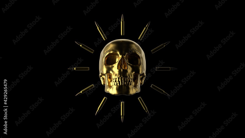 Bullets around human gold skull. Abstract concept art. Black background ...