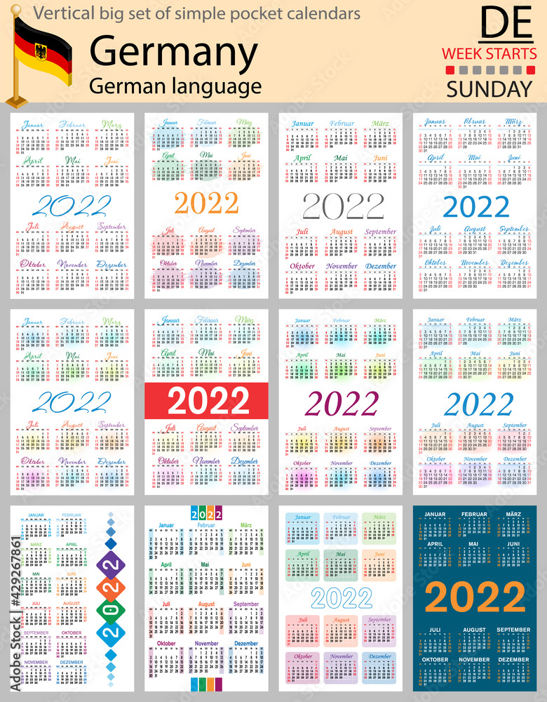 German vertical pocket calendars for 2022. Week starts Sunday Stock ...