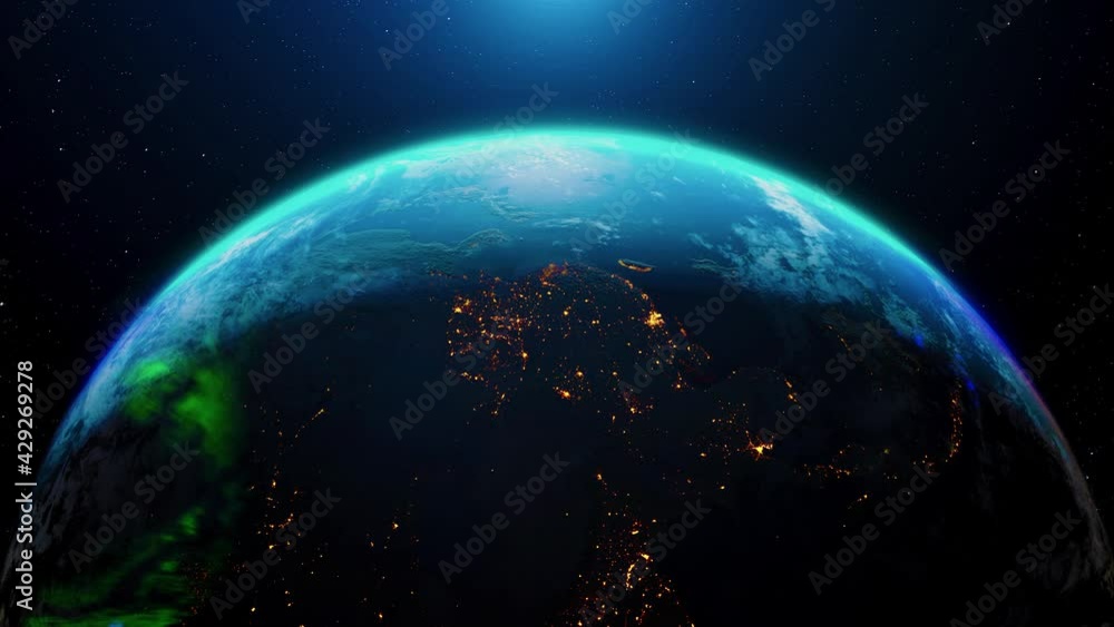 Earth from space rotation day to night skyline with aurora light. The ...