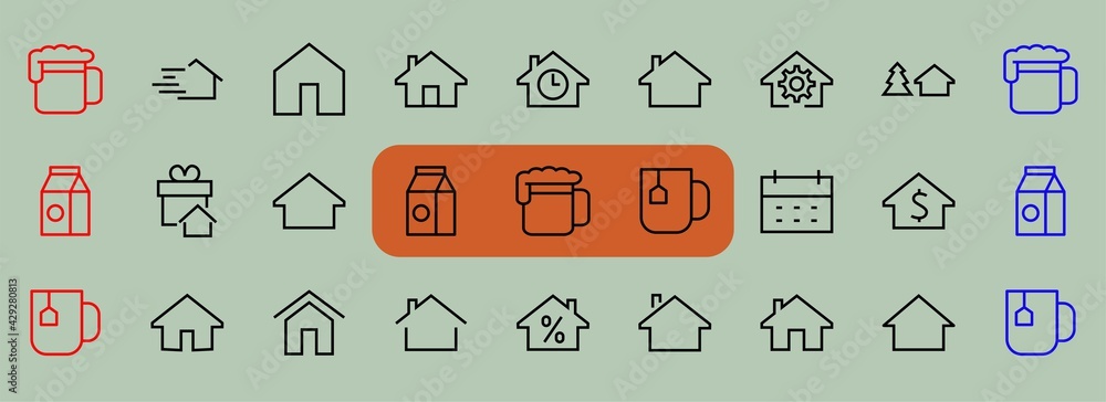 Simple set of line vector home icons. Contains house symbols at ...