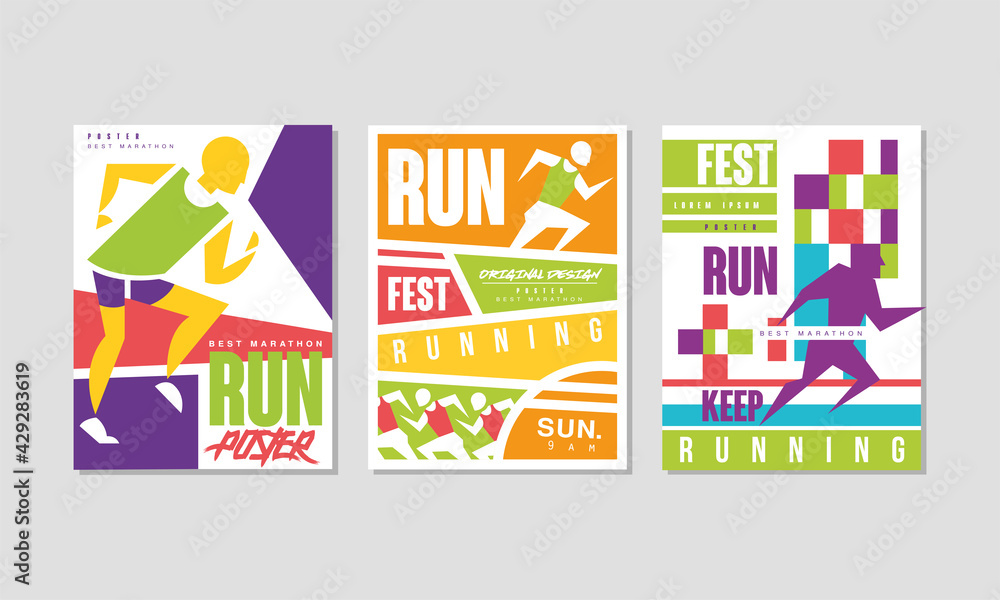 Run Fest Poster for Marathon and Running Competition Vector Set Stock ...