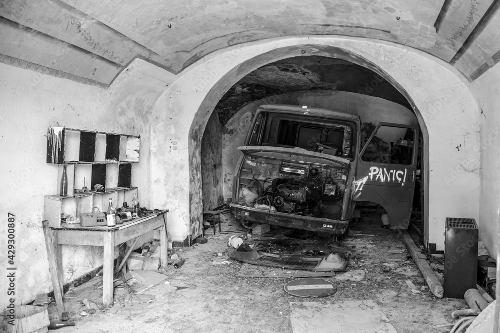 Abandoned truck in the ghost town of Apice, Italy. Stock Photo | Adobe ...