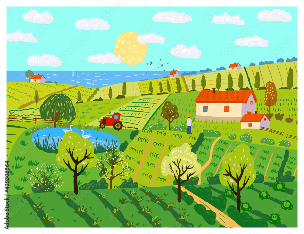 Spring rural landscape farm house, green fields, hills, blooming trees ...