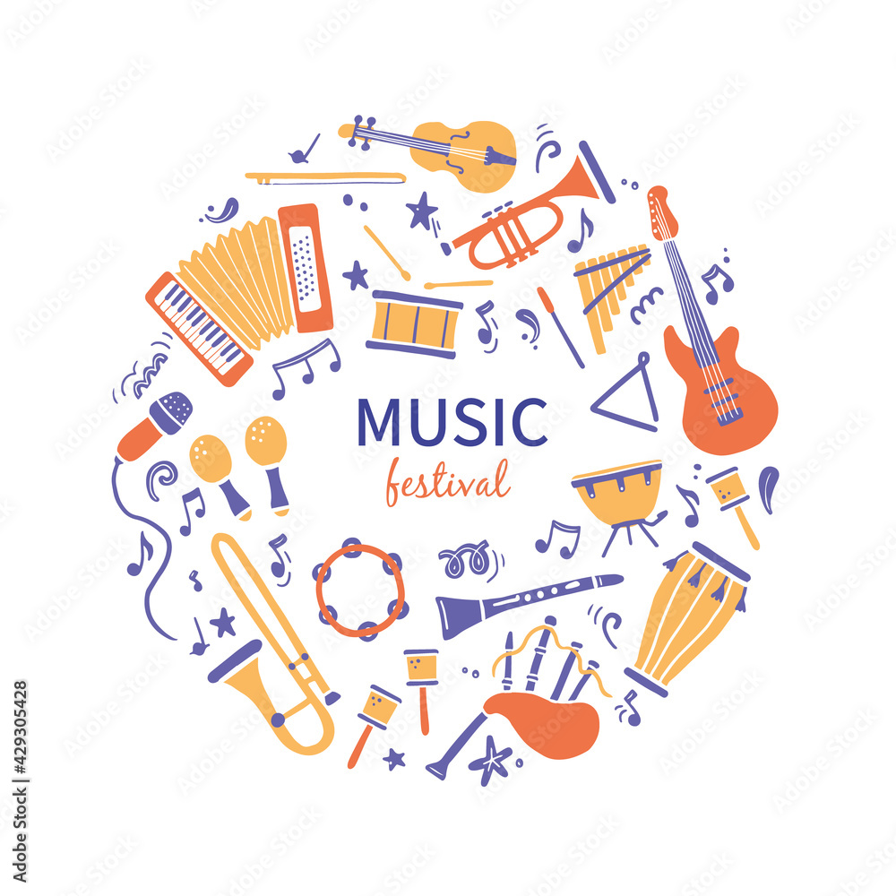 Hand drawn set of different types musical instrument, guitar, saxophone ...