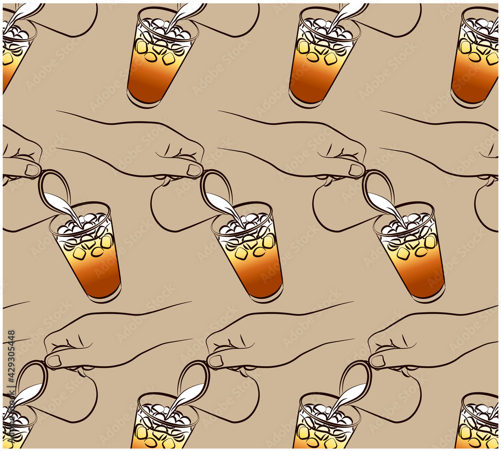 Outline drawing pattern with hand pouring milk to coffee on brown ...