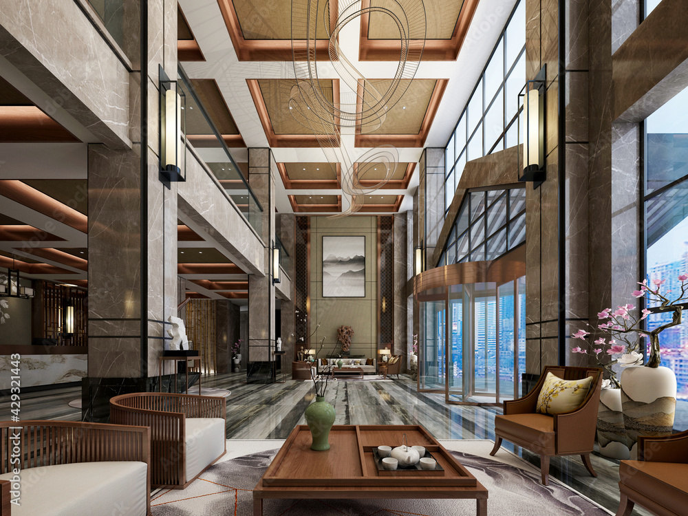 3d render luxury hotel lobby reception ilustración de Stock | Adobe Stock