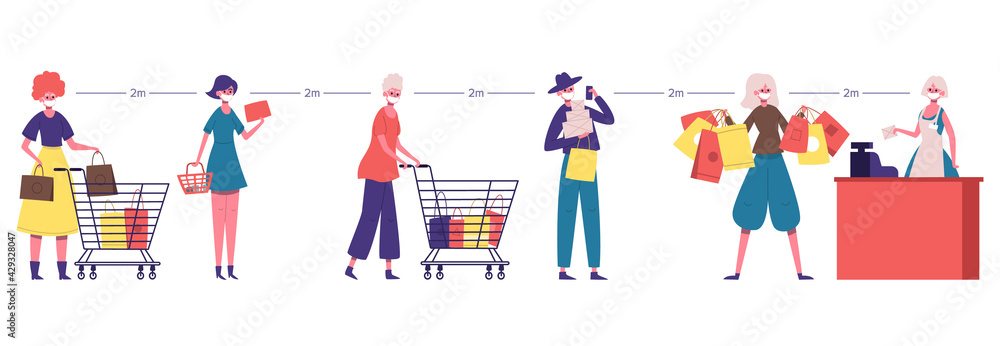 Supermarket line. Social distancing people queue, safe distance at ...