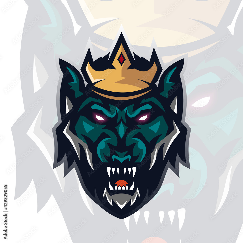 Green wolf with crown Logo Mascot Vector Illustration for team template ...