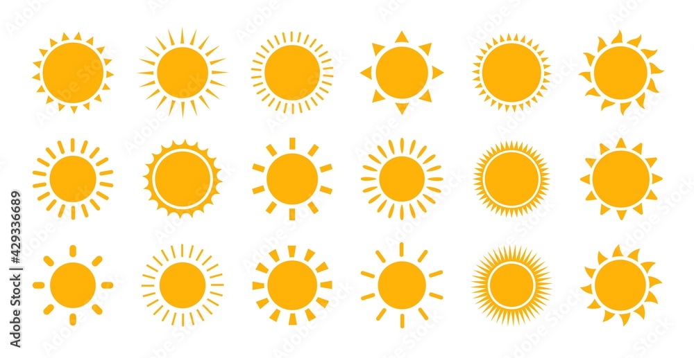 Sun icon set for use in weather apps or as logos. Vector yellow sun ...