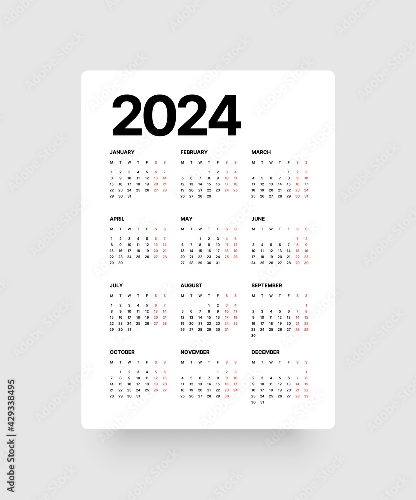 Calendar for 2024 year. Week Starts on Monday. Stock Vector | Adobe Stock