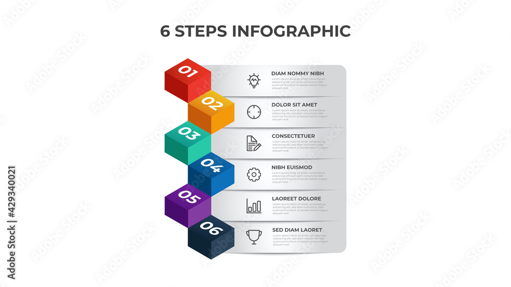 6 list of steps diagram, row layout with isometric number sequence ...