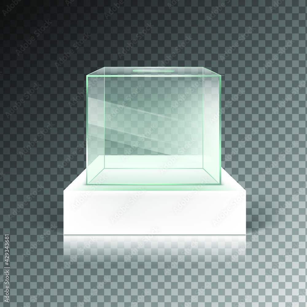 Transparent display glass box isolated on checkered background. Empty ...