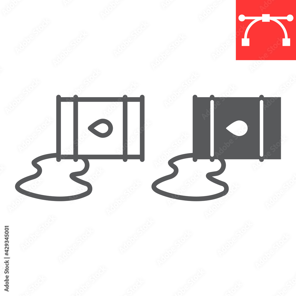 Oil spill line and glyph icon, spilled oil and fuel, oil barrel leak ...