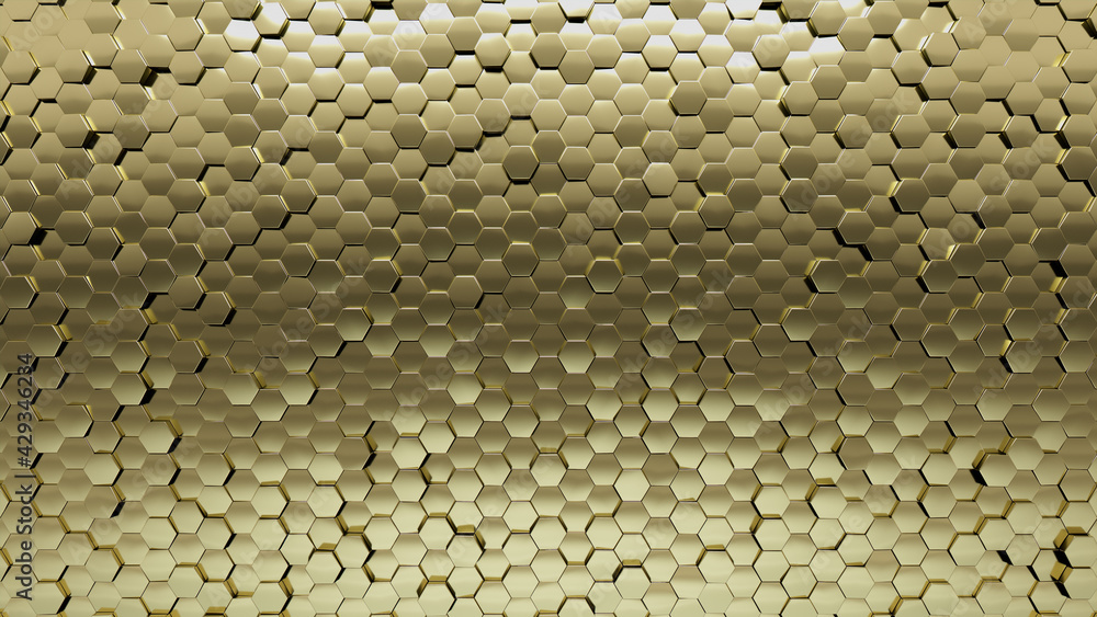 3D, Gold Mosaic Tiles arranged in the shape of a wall. Polished ...