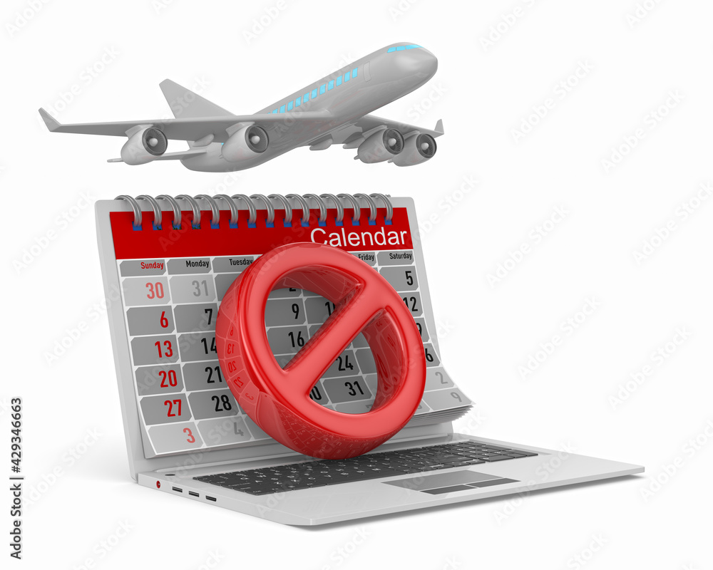 sign stop, airplane and calendar on white background. Isolated 3D ...