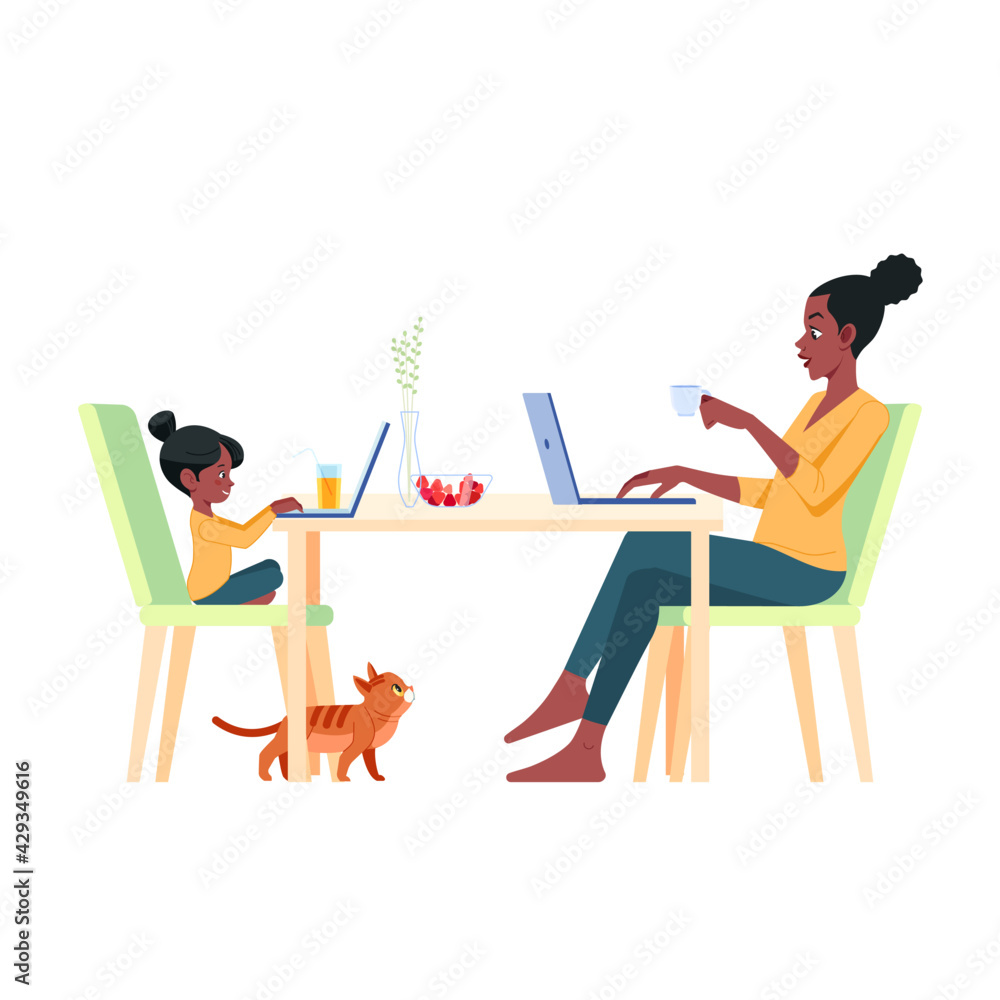 African american Family mother and daughter sitting at desk and working ...
