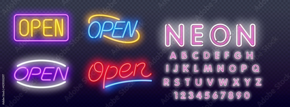 Set of Open neon sign with reflection. Open Neon Text Vector and a ...