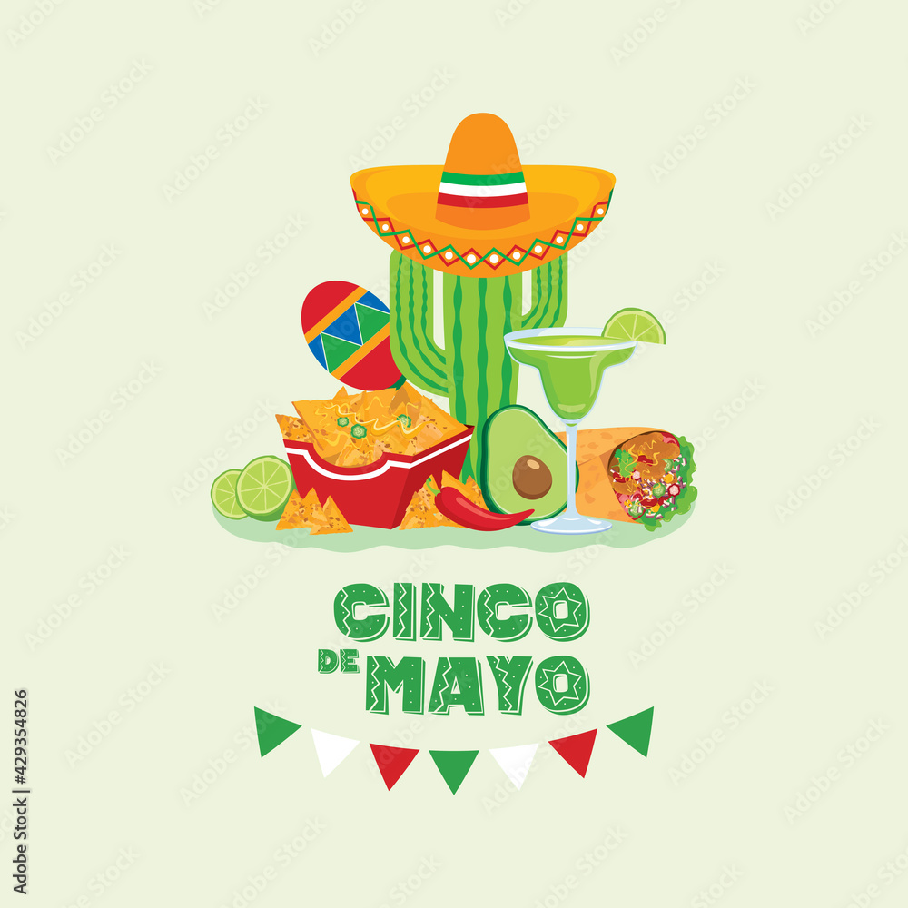 Cinco de Mayo Mexican holiday with Mexican food and drink vector ...