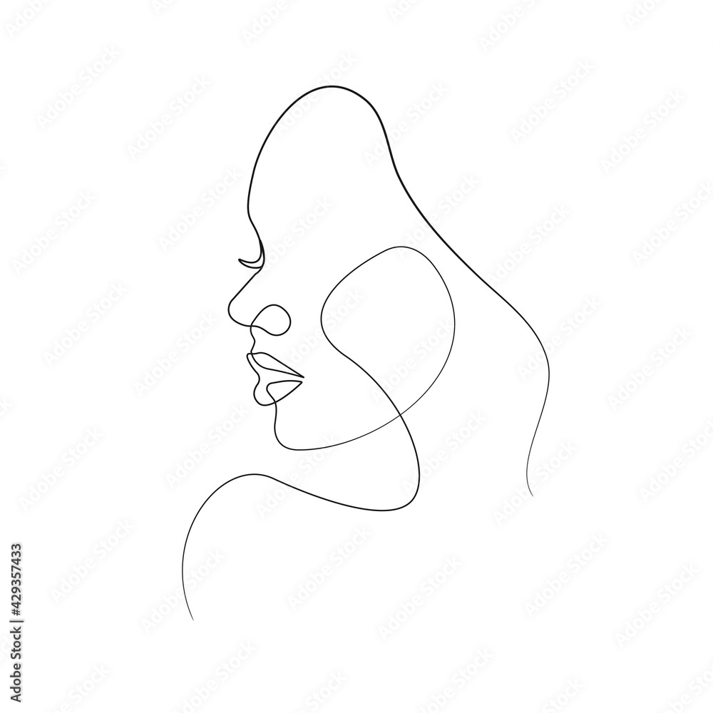 Woman Face Continuous One Line Vector Drawing Style Template With