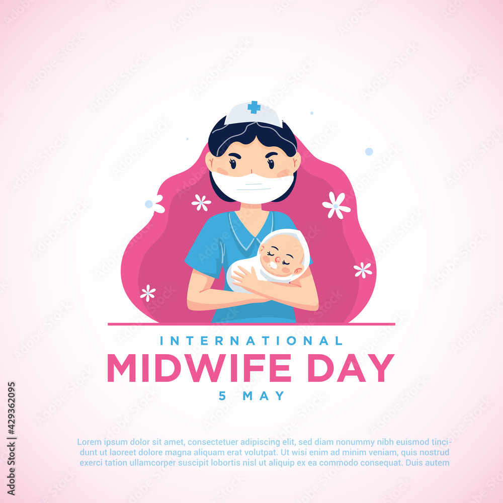 Vector illustration of a midwife holding a baby, as a banner, poster or ...