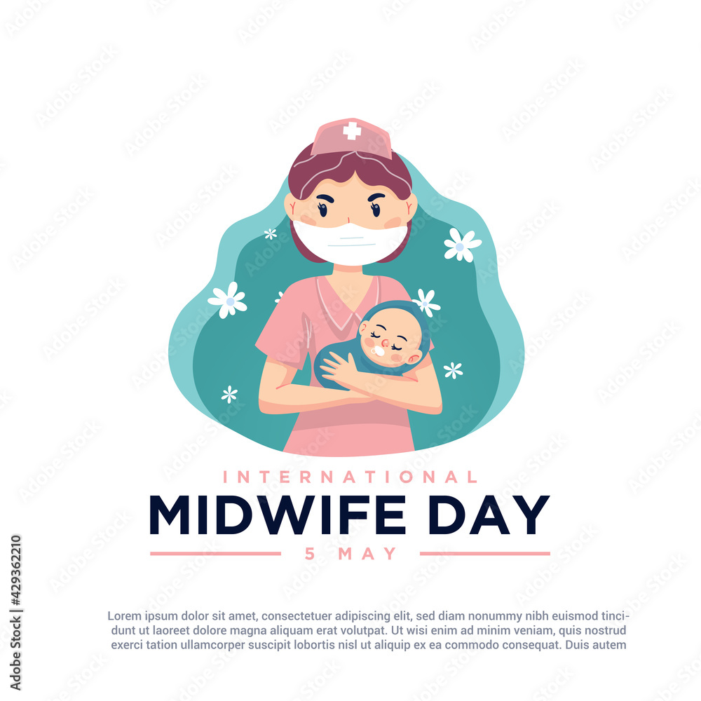 Vector illustration of a midwife holding a baby, as a banner, poster or ...