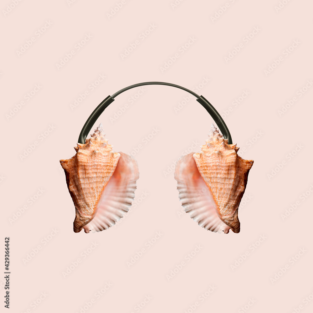 Contemporary art collage, modern design. Summer mood. Headphones made ...