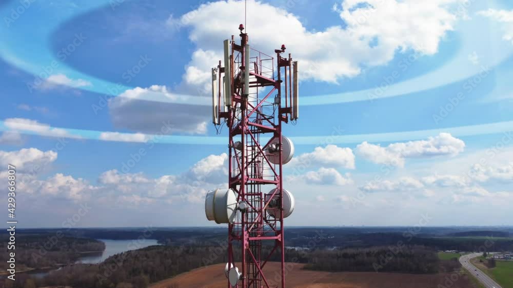 Aerial drone view around of the telecommunication tower. Animated ...