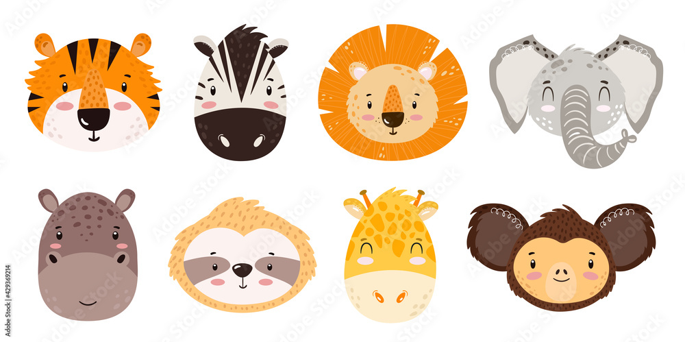 Set of cute safari animal faces. African wild animals isolated on white ...