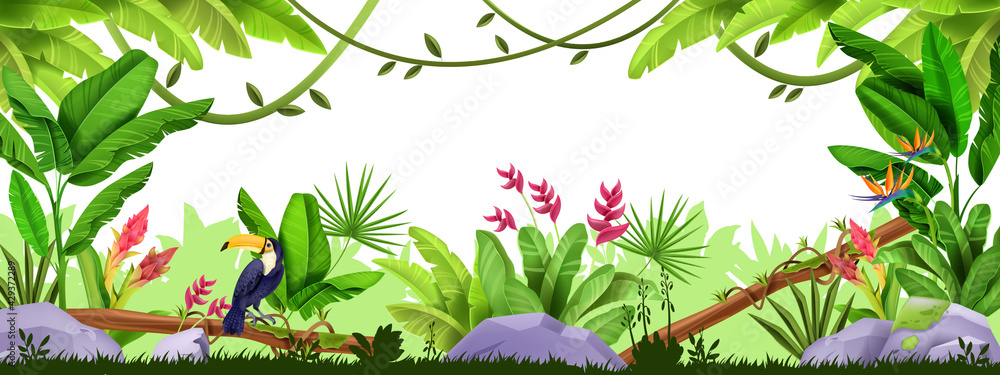 Jungle vector frame, rainforest exotic border, wildlife tropical nature ...