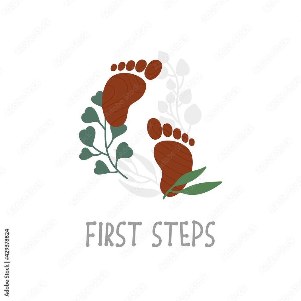 First step baby footprints with eucalyptus leaves, cute kids card ...