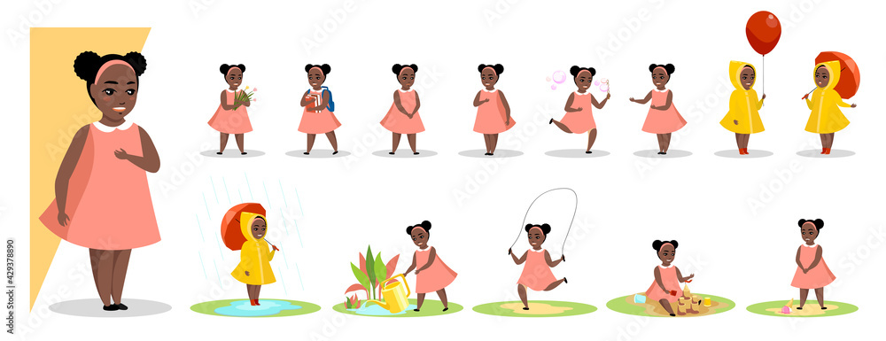 Little black girl in various gesture expression poses. Female african ...